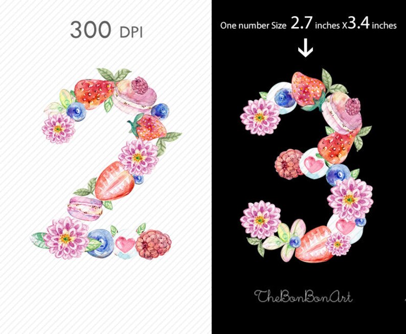 Number Clipart. Watercolor Strawberry Clipart.floral Numbers - Etsy