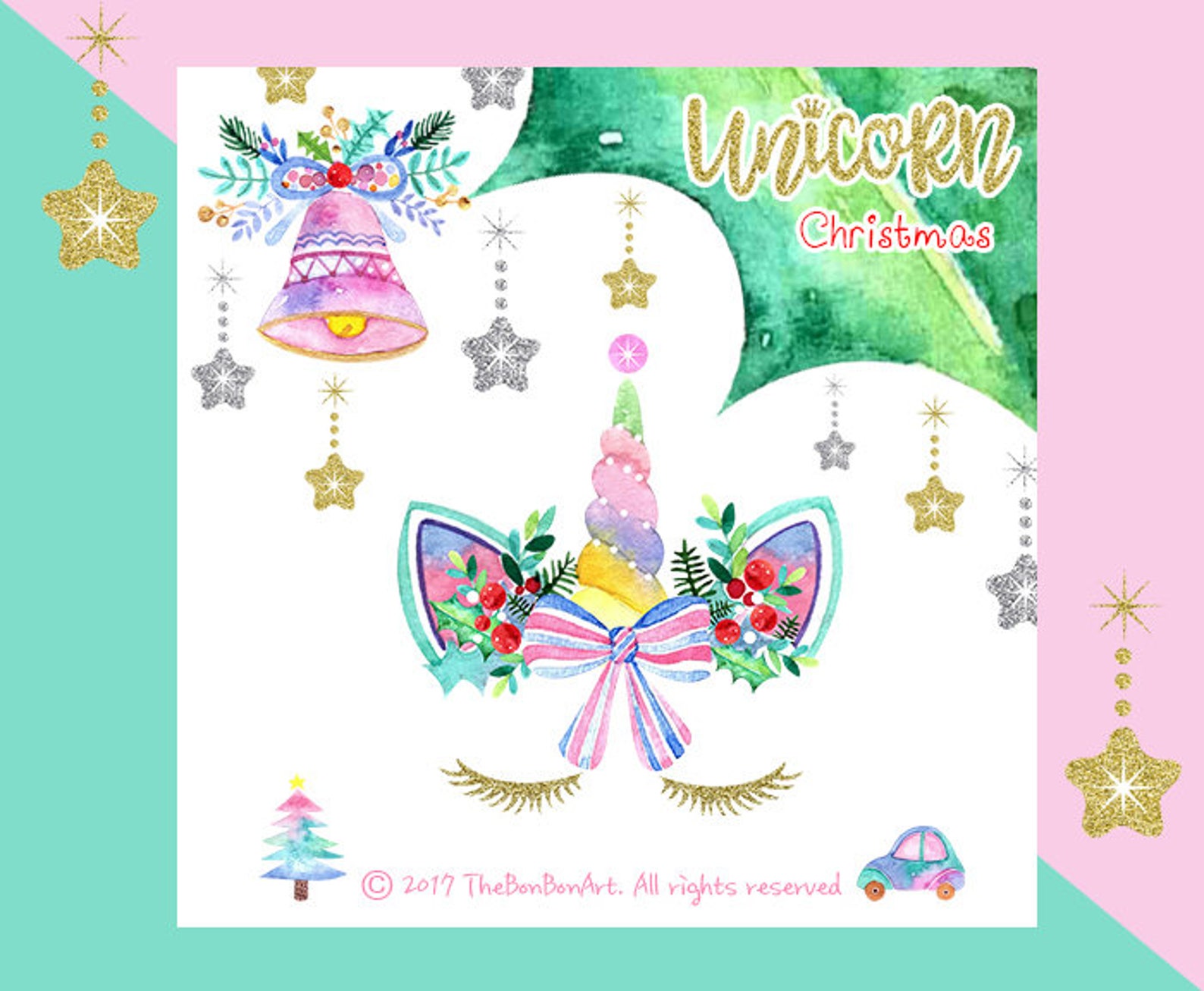 Watercolor Unicorn Clipart. Unicorn Printable. Christmas Party - Etsy