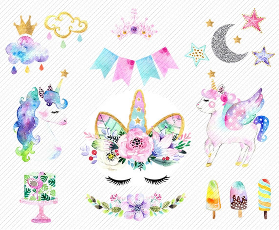 Watercolor Unicorn Clipart. Unicorn Printable. Baby Shower Kids Party ...