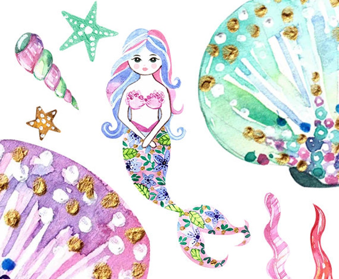 Watercolor Mermaid Clipart. Mermaid Printable. Baby Shower Kids Party ...