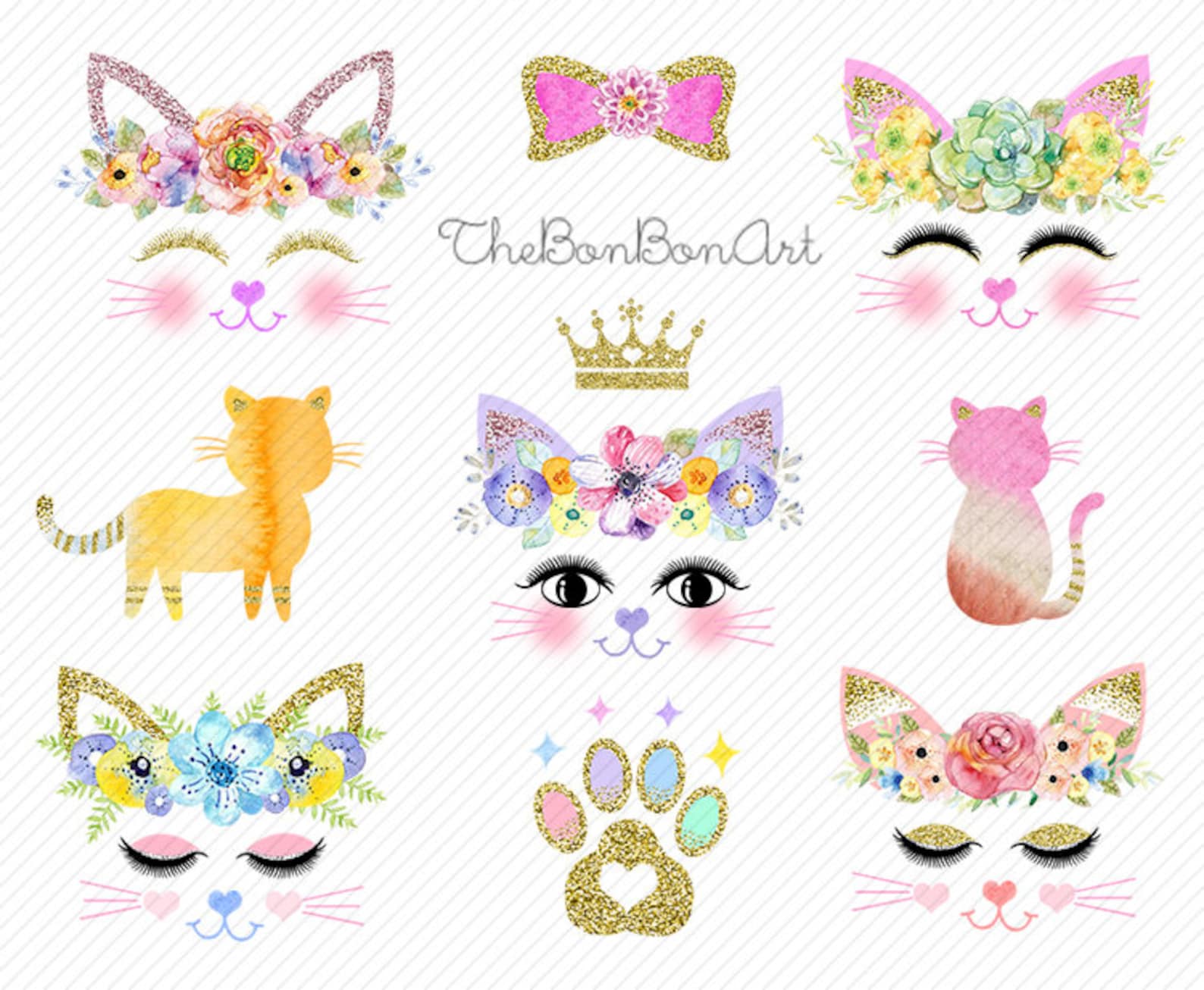 Cats Clipart. Cat Party Clipart. Cat Watercolor. Cat Face Clipart ...