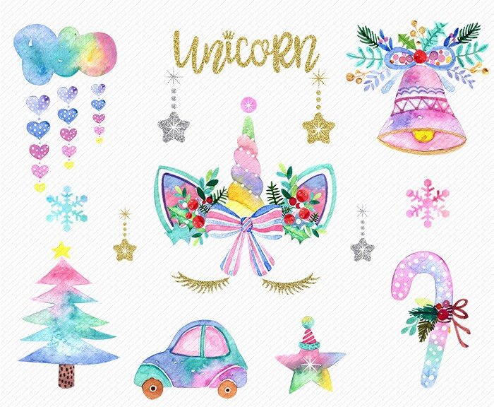 Watercolor Unicorn Clipart. Unicorn Printable. Christmas Party - Etsy