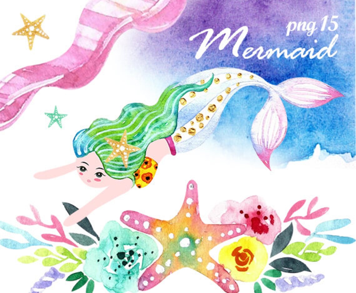 Watercolor Mermaid Clipart. Mermaid Printable. Baby Shower Kids Party ...