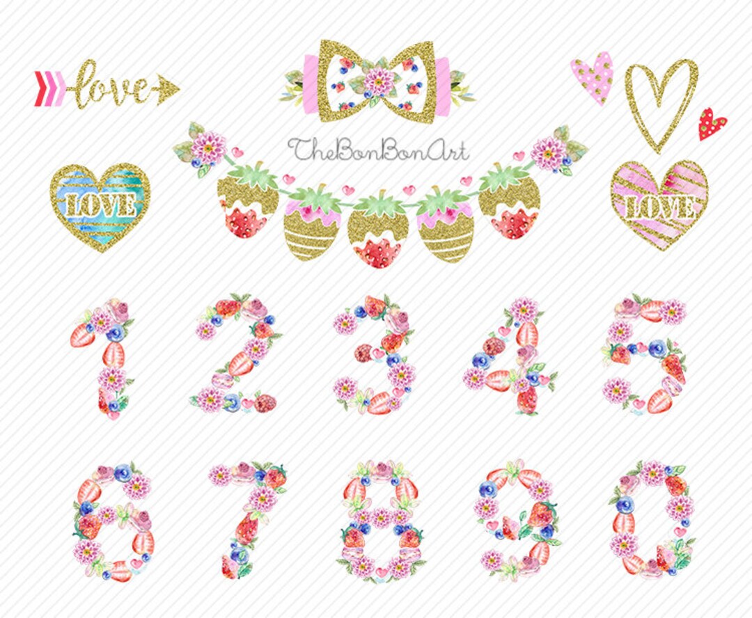 Number Clipart. Watercolor Strawberry Clipart.floral Numbers Printable ...