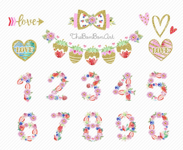 Number clipart. watercolor Strawberry Clipart.Floral Numbers | Etsy