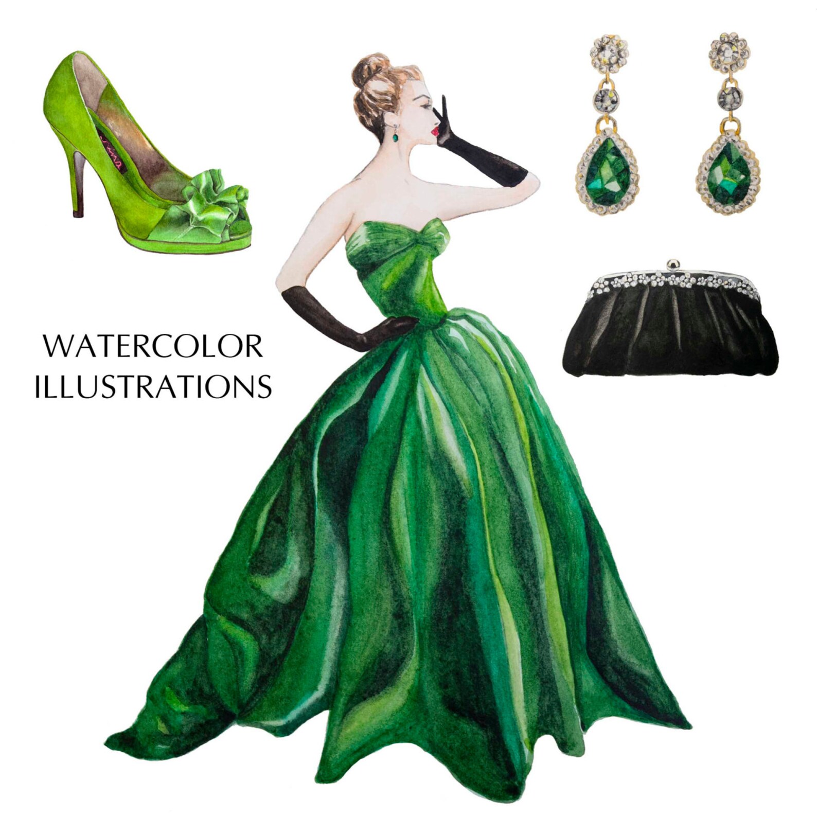 Vintage Glamour Clip Art, Jewel Illustration, Watercolor Graphics, Ball ...