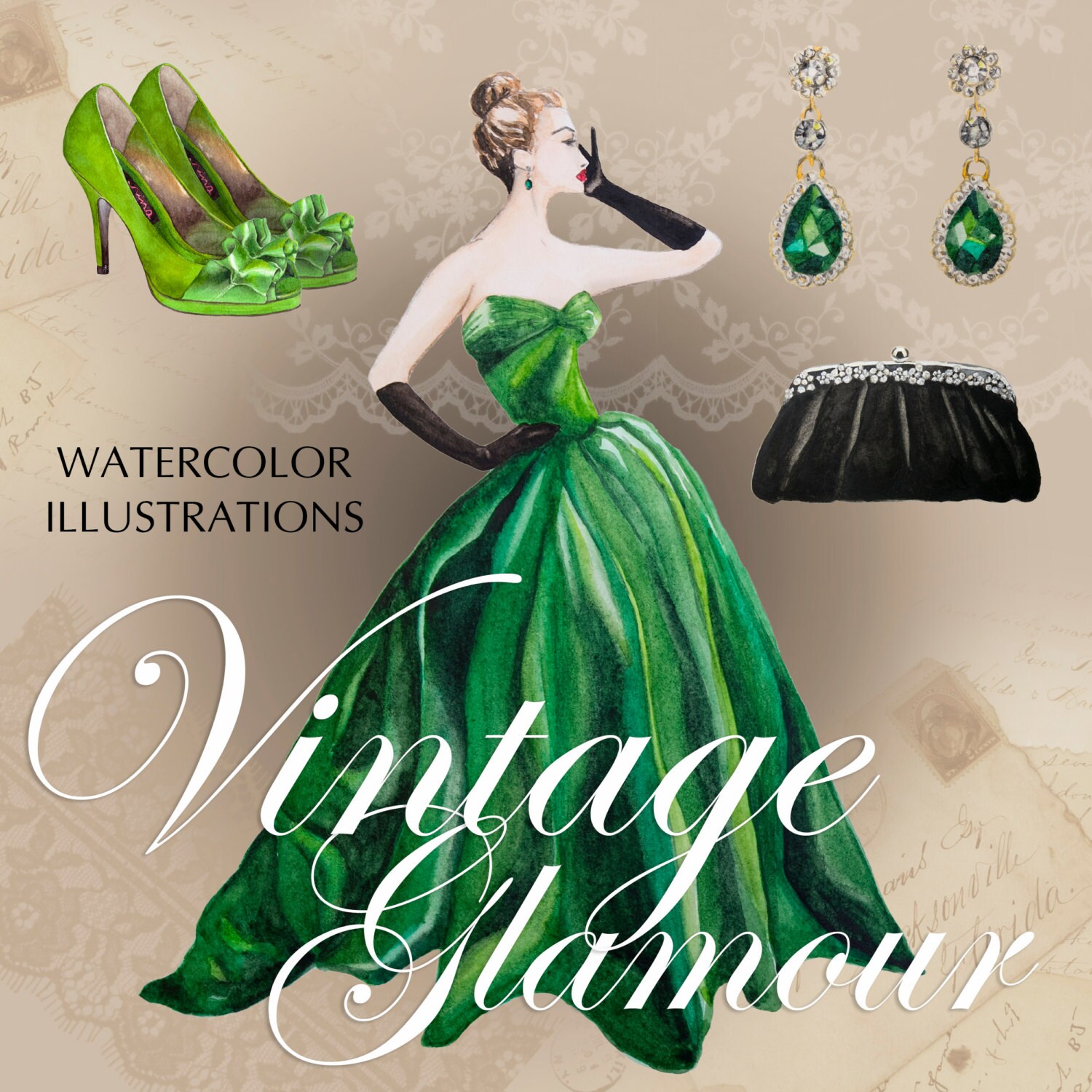 Vintage Glamour Clip Art, Jewel Illustration, Watercolor Graphics, Ball ...