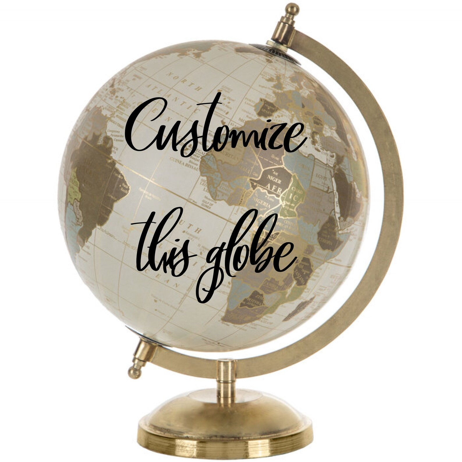 Custom White and Gold Calligraphy Globe W/shaded Continents / - Etsy