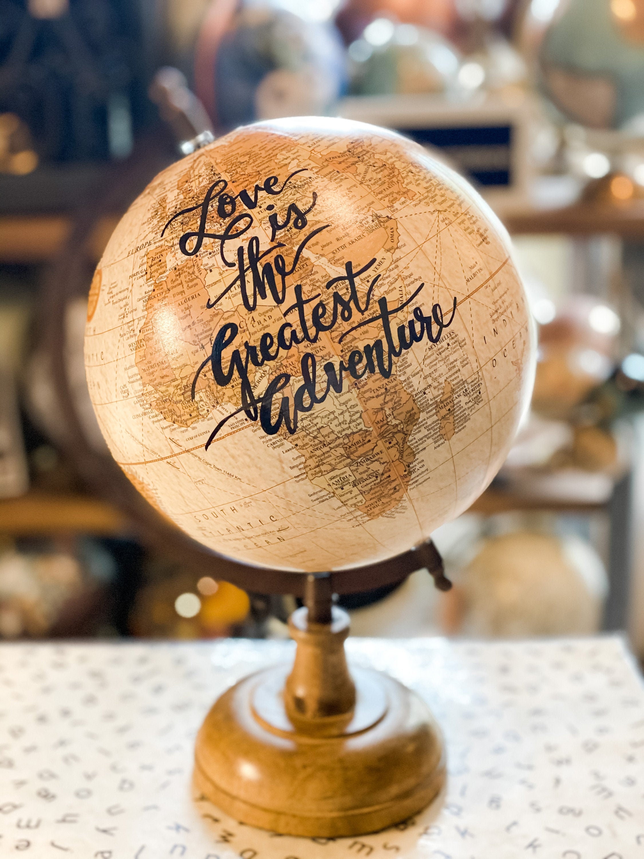 Custom Beige Calligraphy Globe w/bronze and wood stand / Your Choice of ...