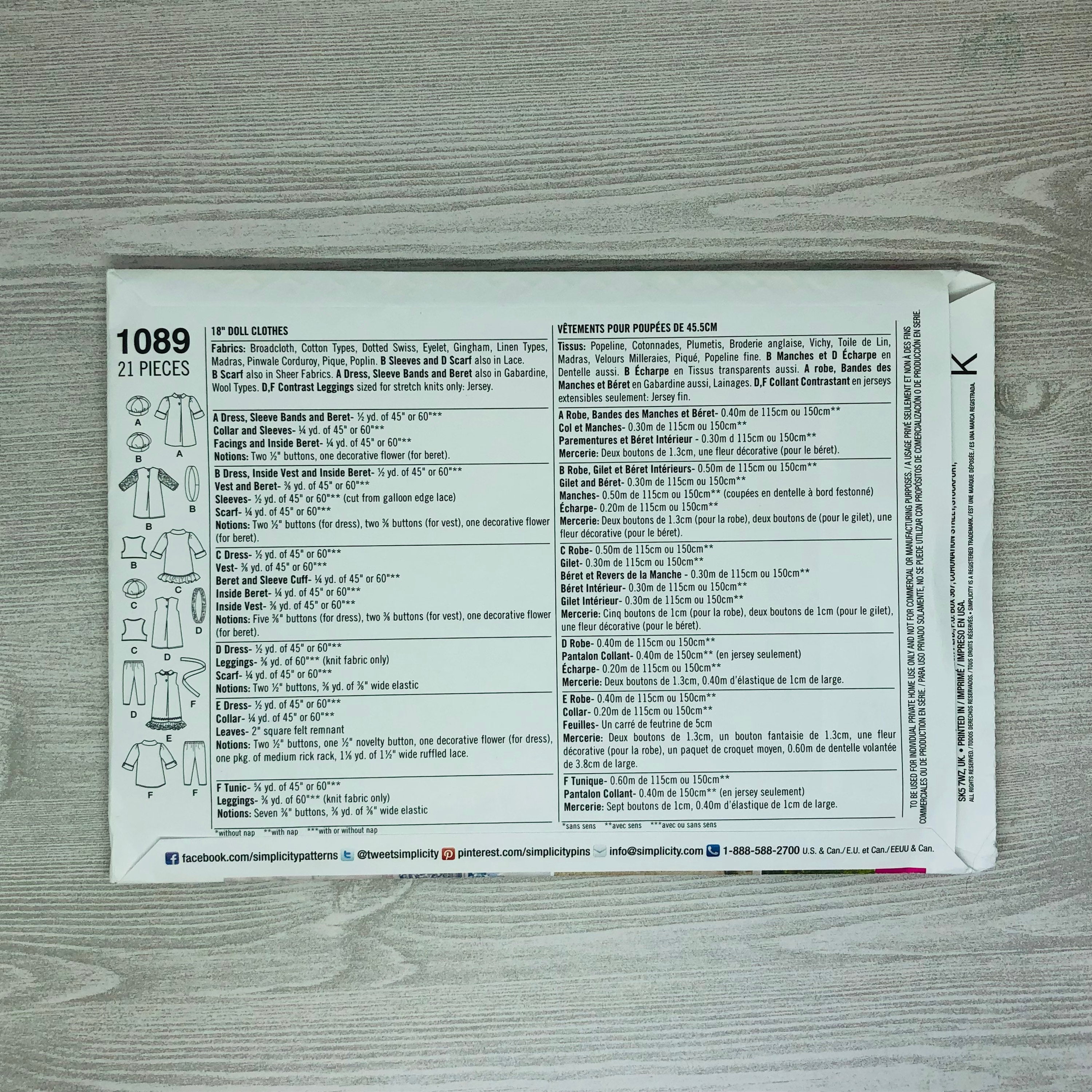 Simplicity 1089 Sewing Pattern for 18" Doll Clothes - Etsy