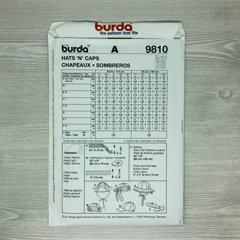 Burda 9810 Sewing Pattern for Babies' and Infants' Hats, Caps and ...