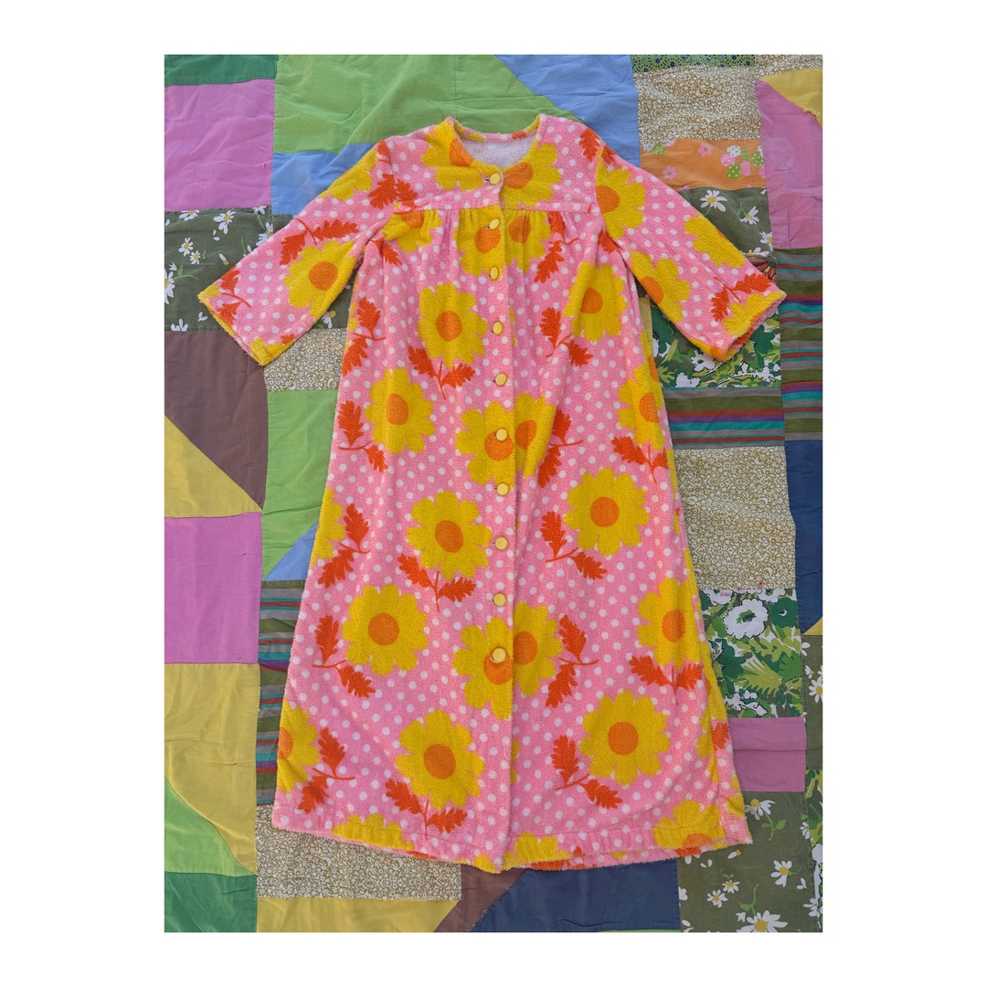 Vintage Flower Power Robe or House Dress, Terry Cloth Towel Robe or ...