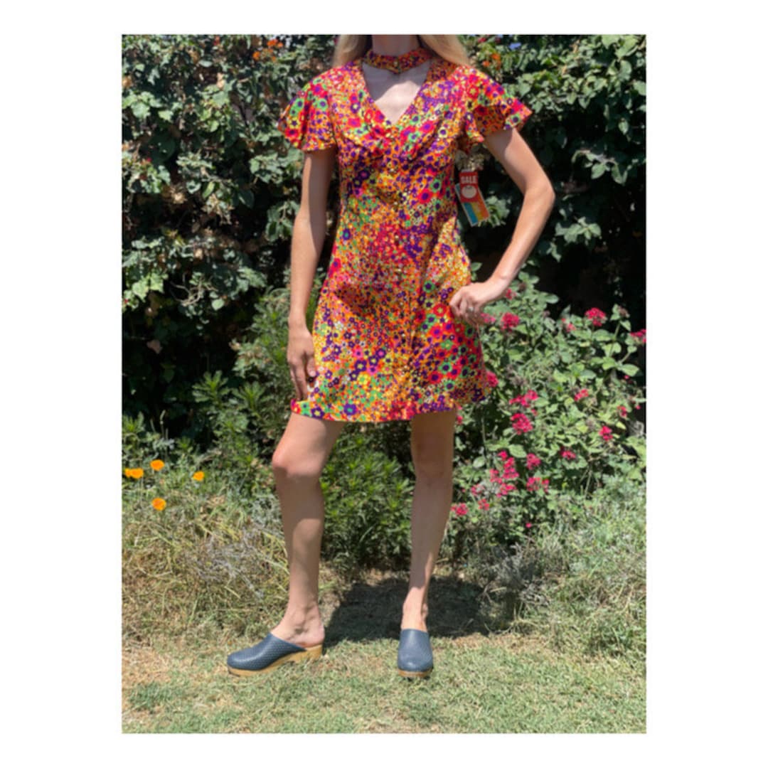 1960s Flower Power Mini Dress: Psychedelic Flutter Sleeve, Deadstock - Etsy