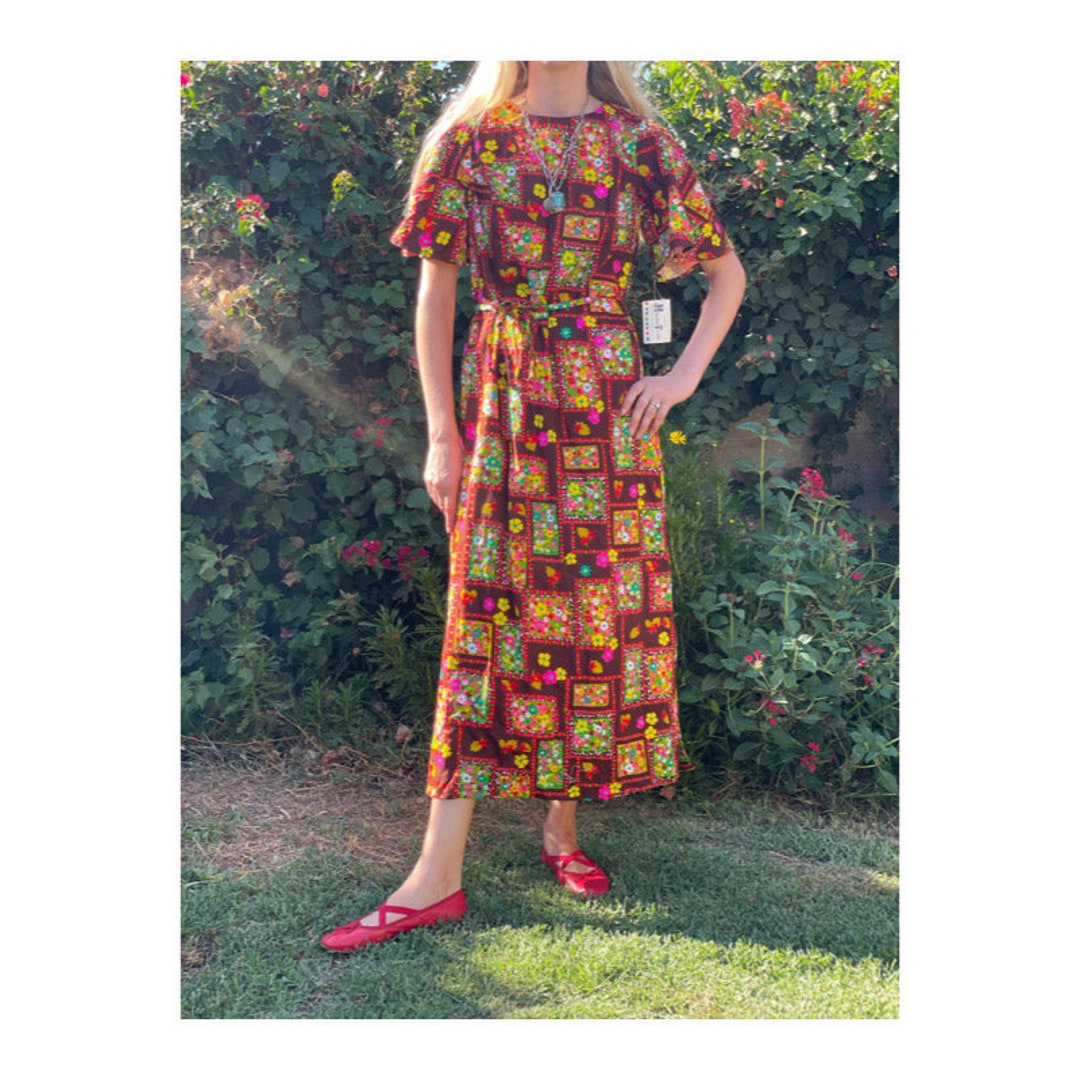 Vintage Hawaiian Barkcloth Maxi Dress: 1970s Flower Power, Size 38 (NOS ...
