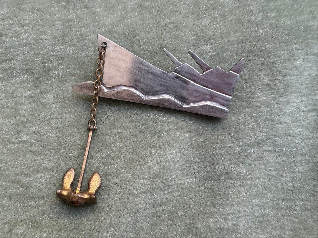 Vintage WWII Era Battleship Bar Pin With Anchor, Battleship Pin Brooch ...