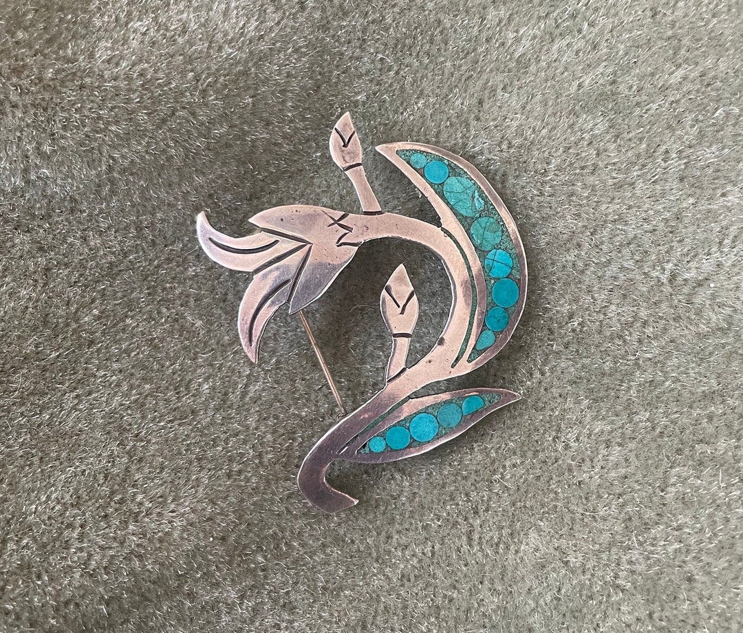 Vintage Mexican Sterling Silver Turquoise Flower Brooch: Artisan Inlay ...