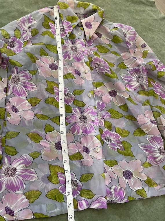 Vintage 60s 70s sheer flower power top,purple pink fl… - Gem