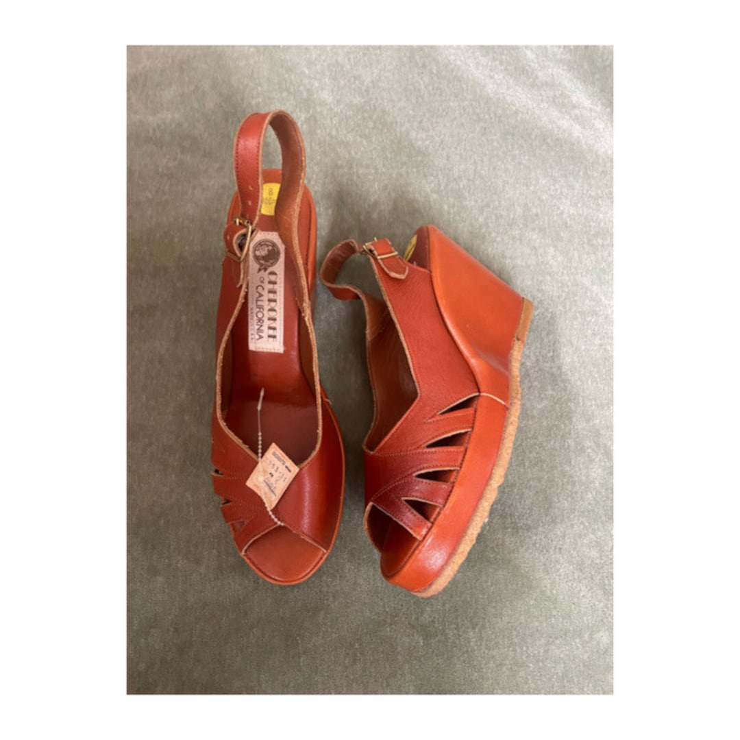 Vintage 70s Brown Leather Platform Wedge Sandals,1970s Deadstock NOS ...