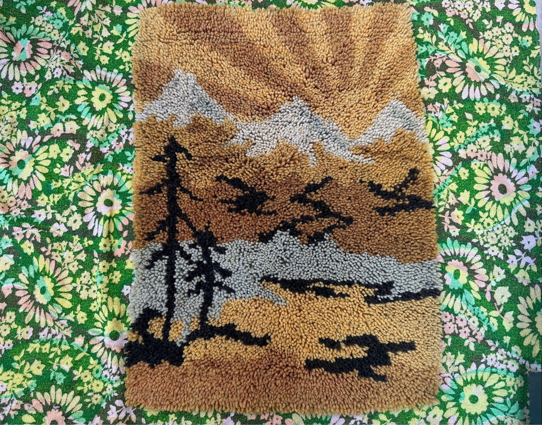 Vintage 70s Mountain Sunrise Latch Hook Rug Shag Rug Tapestry Wall ...