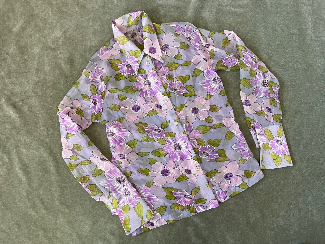 Vintage 60s 70s Sheer Flower Power Top,purple Pink Flower All Over ...