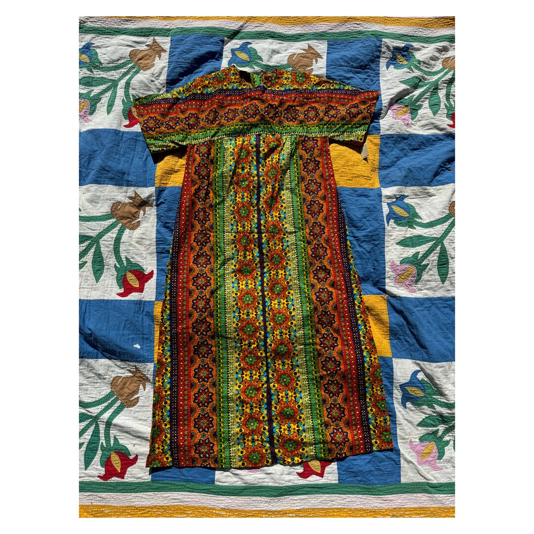 Vintage Cotton Barkcloth Rainbow Abstract Print Dress, 60s 70s Red ...