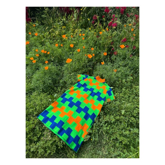Vintage psychedelic op art square rectangle mini dres… - Gem