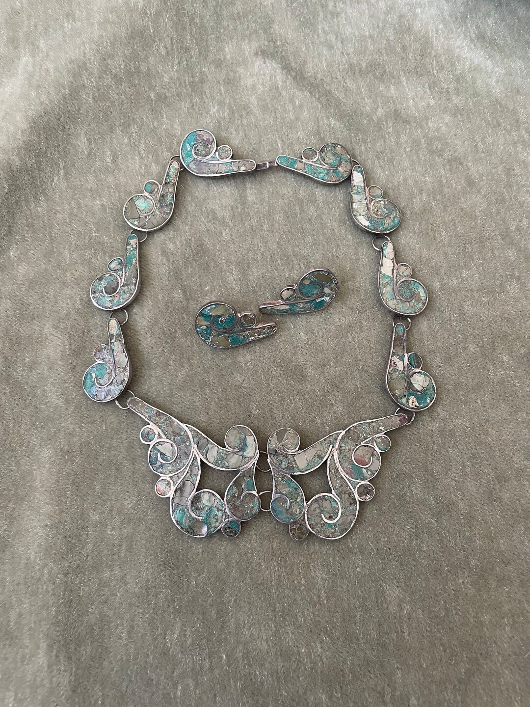 Vintage Taxco Sterling Turquoise Chip Inlay Choker Necklace & Earrings ...