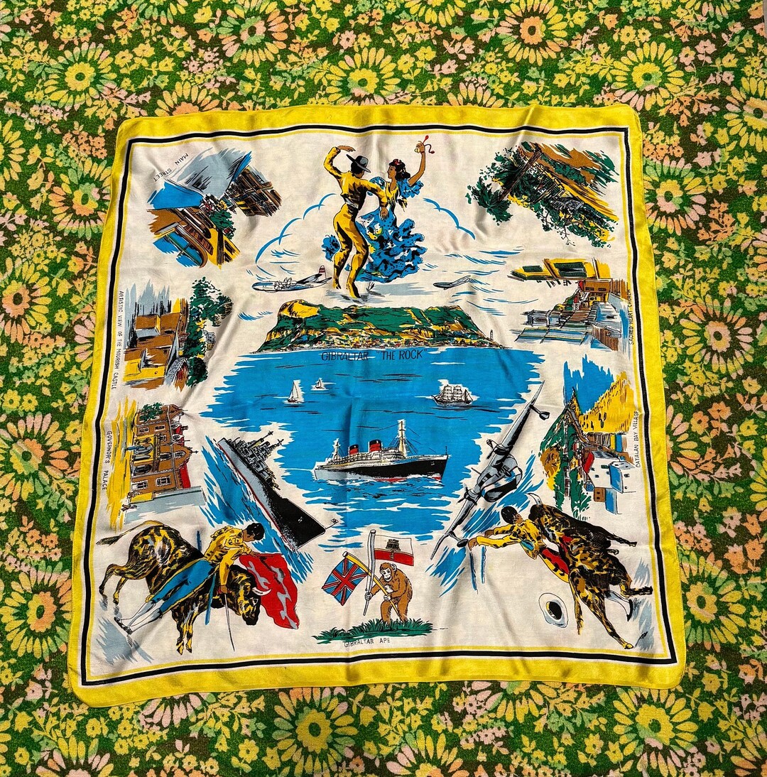 Vintage 1960s Souvenir Gibraltar the Rock Scarf, 60s Gibraltar Scarf ...