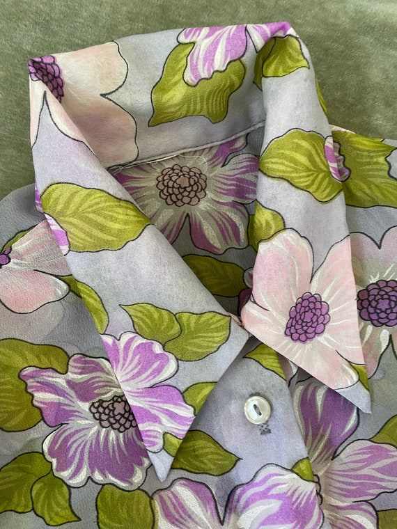 Vintage 60s 70s sheer flower power top,purple pink fl… - Gem