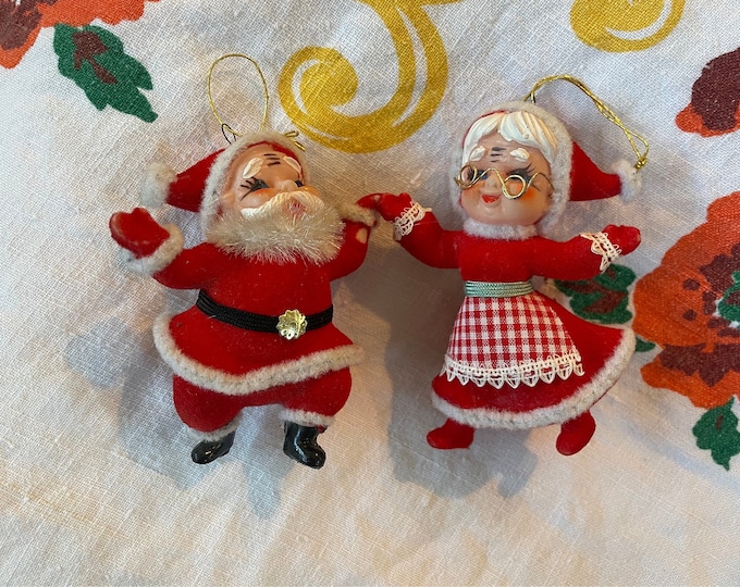 Vintage 60s 70s Dancing Santa and Mrs. Claus Flocked Ornaments, 1960s ...