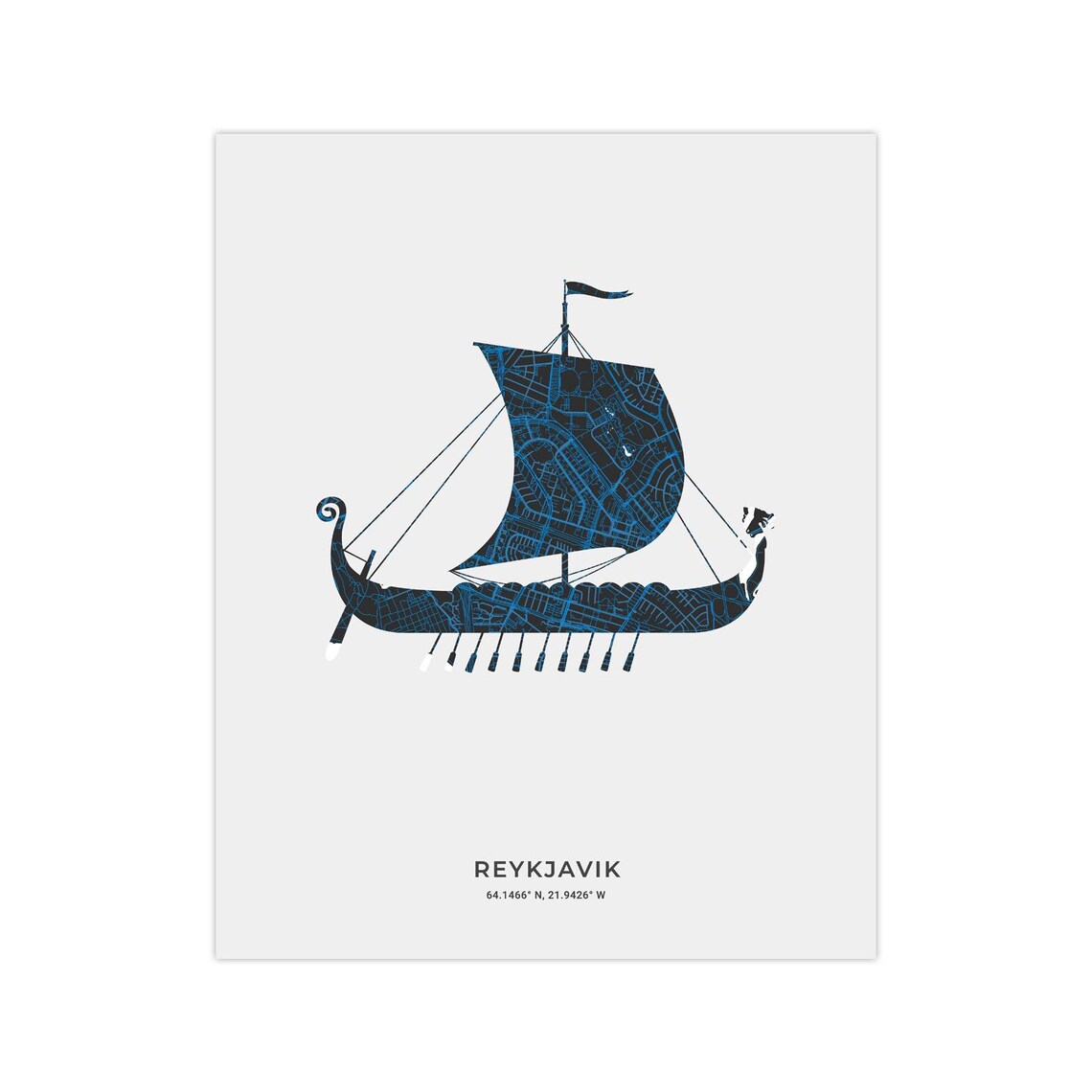 Reykjavik Viking Longship Map Print | Map of Reykjavik Iceland ...