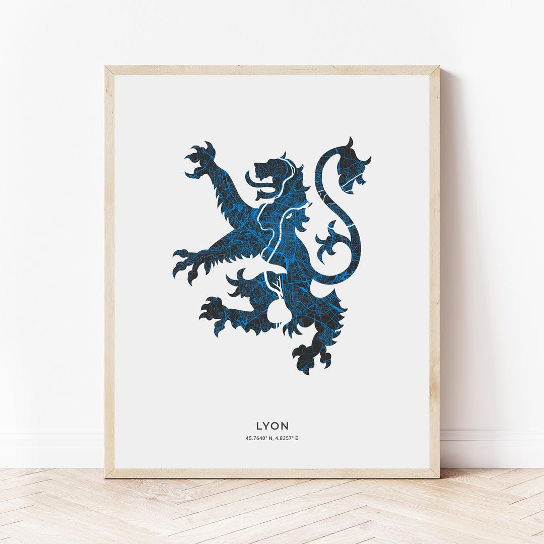 Lyon Lion Rampant Map Print | Map of Lyon France | Digital Download - Etsy