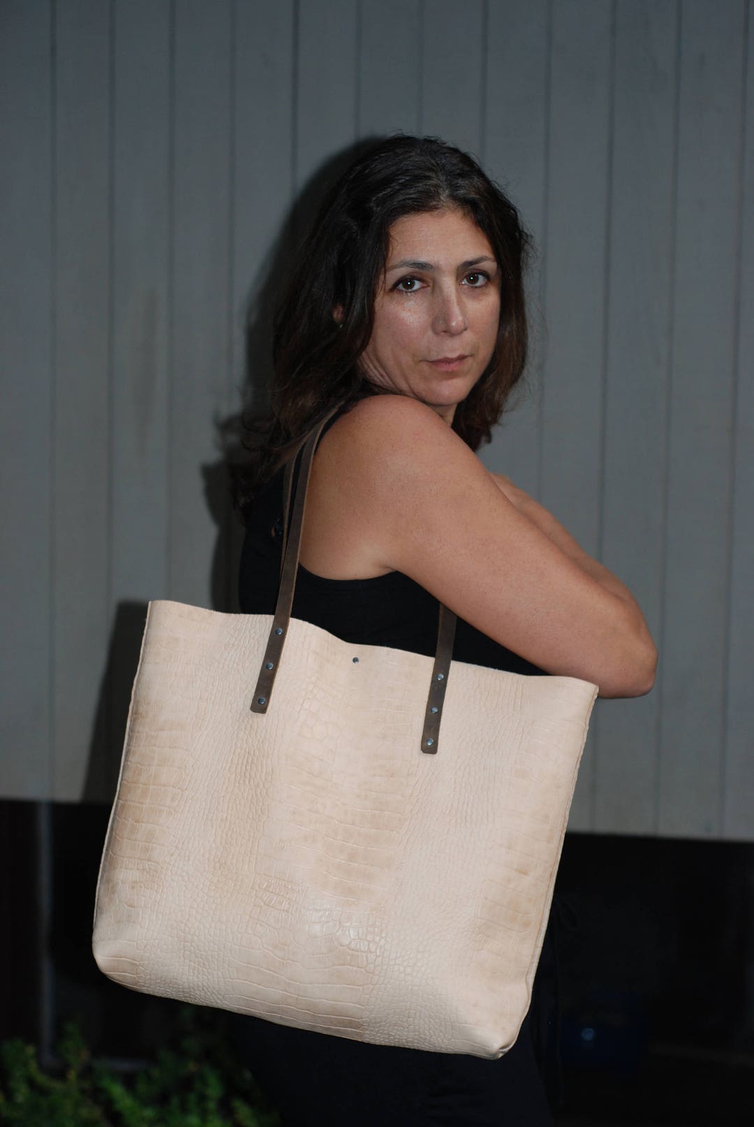 Leather Bag Handmade Unlined Croc Print Tote Custom Shoulder Bag Blush ...