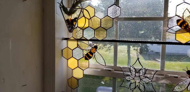 Honeycomb stained glass bees corner window suncatcher panel | Etsy