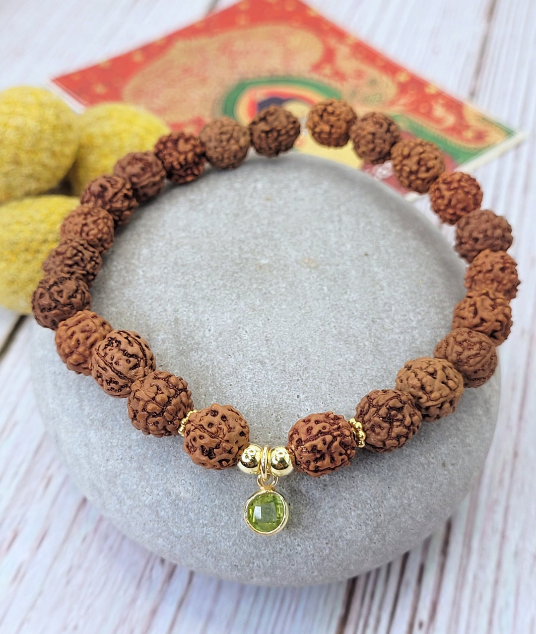 Rudraksha Mala Bracelet: Peridot Charm, Gold Vermeil, Yoga Jewelry - Etsy