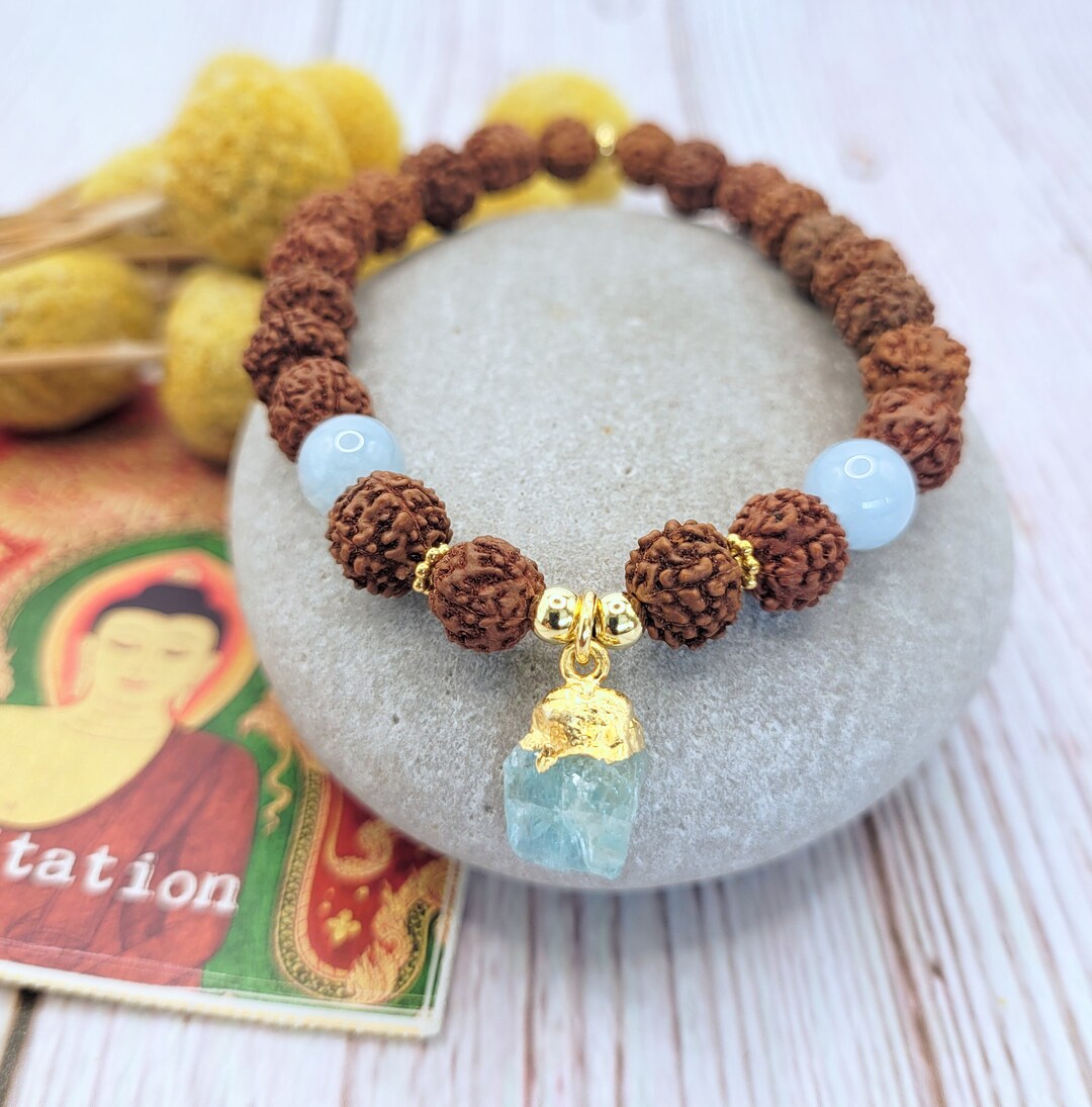 Sacred Rudraksha Mala Bracelet, Raw Aquamarine, Gold Vermeil, Yoga ...