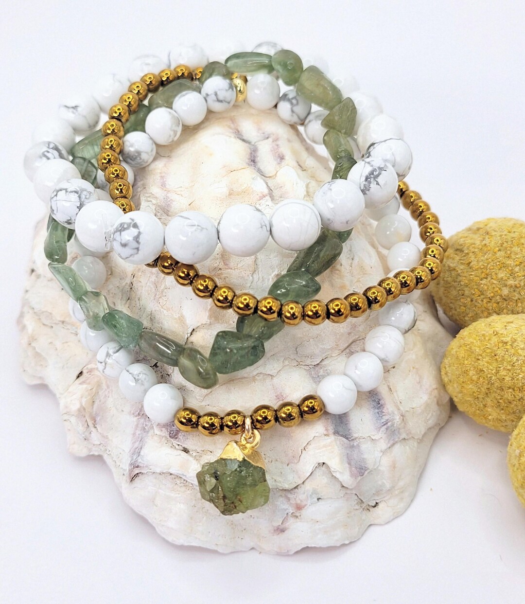 Peridot Bracelet Set: August Birthstone, Gold Hematite, Howlite Mala ...
