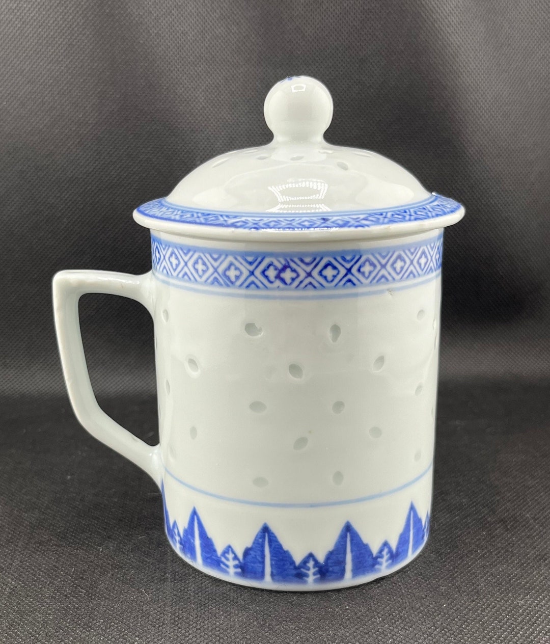 Chinese Rice Grain Pattern Lidded Tea Mug Vintage 1970s Rice Eye Blue ...