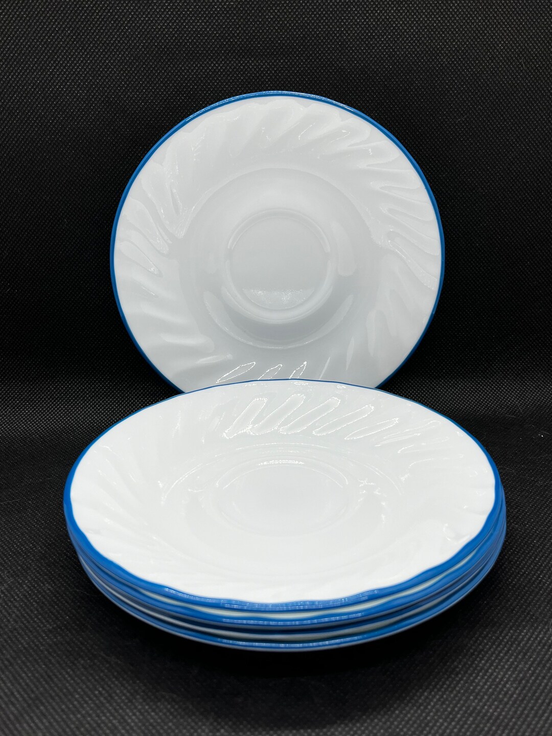 Vintage Set of 5 Corelle Saucers Blue Rim White Swirl - Etsy
