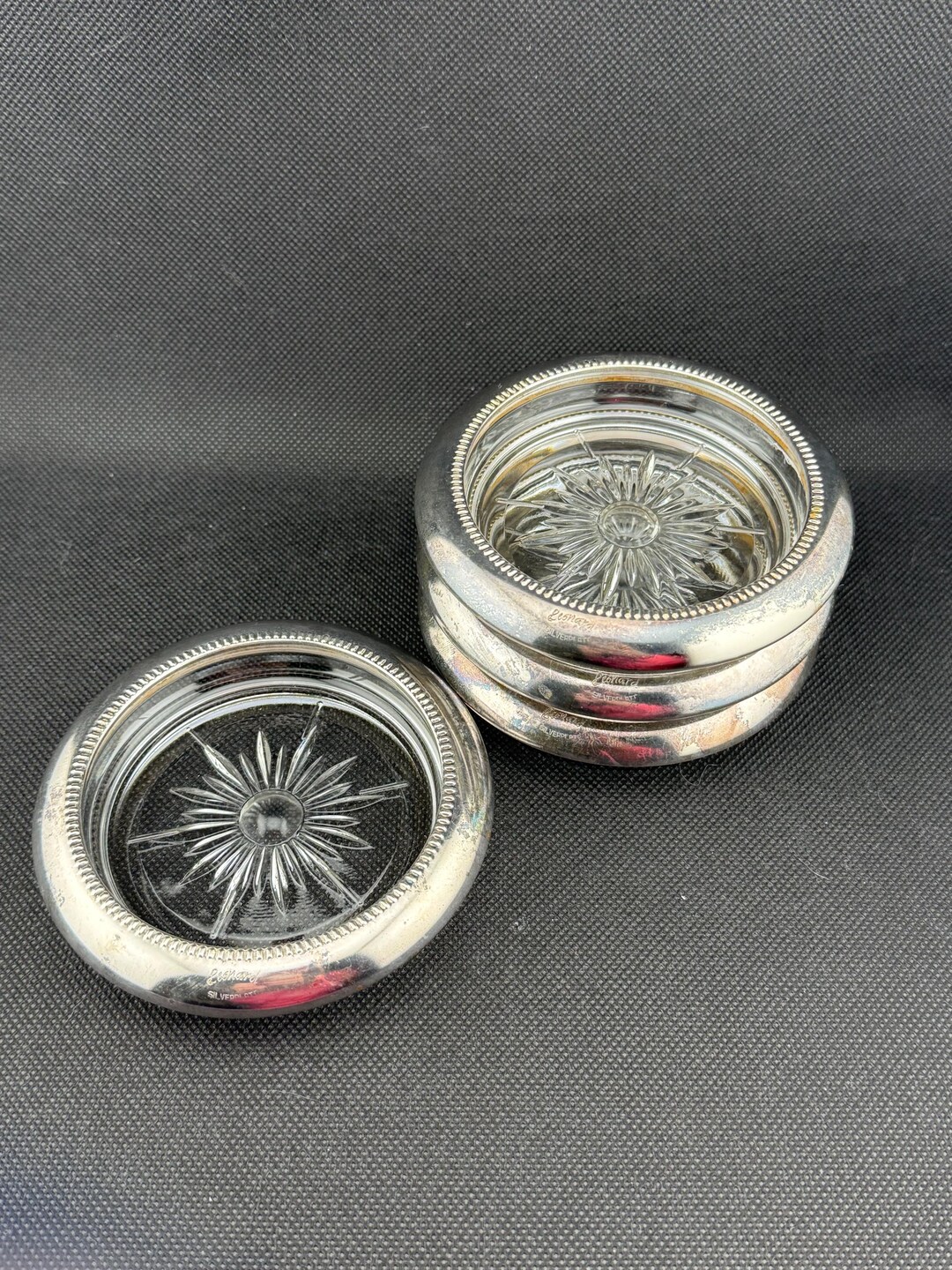 Classic Vintage Leonard Glass Coasters With Sunburst Pattern and Silver ...