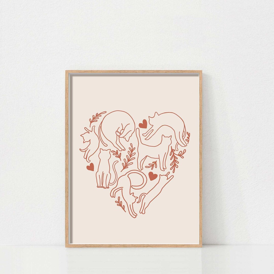 Cat Lover Art Print, Hearts of Cats, Printable Wall Art, Valentines Cat ...