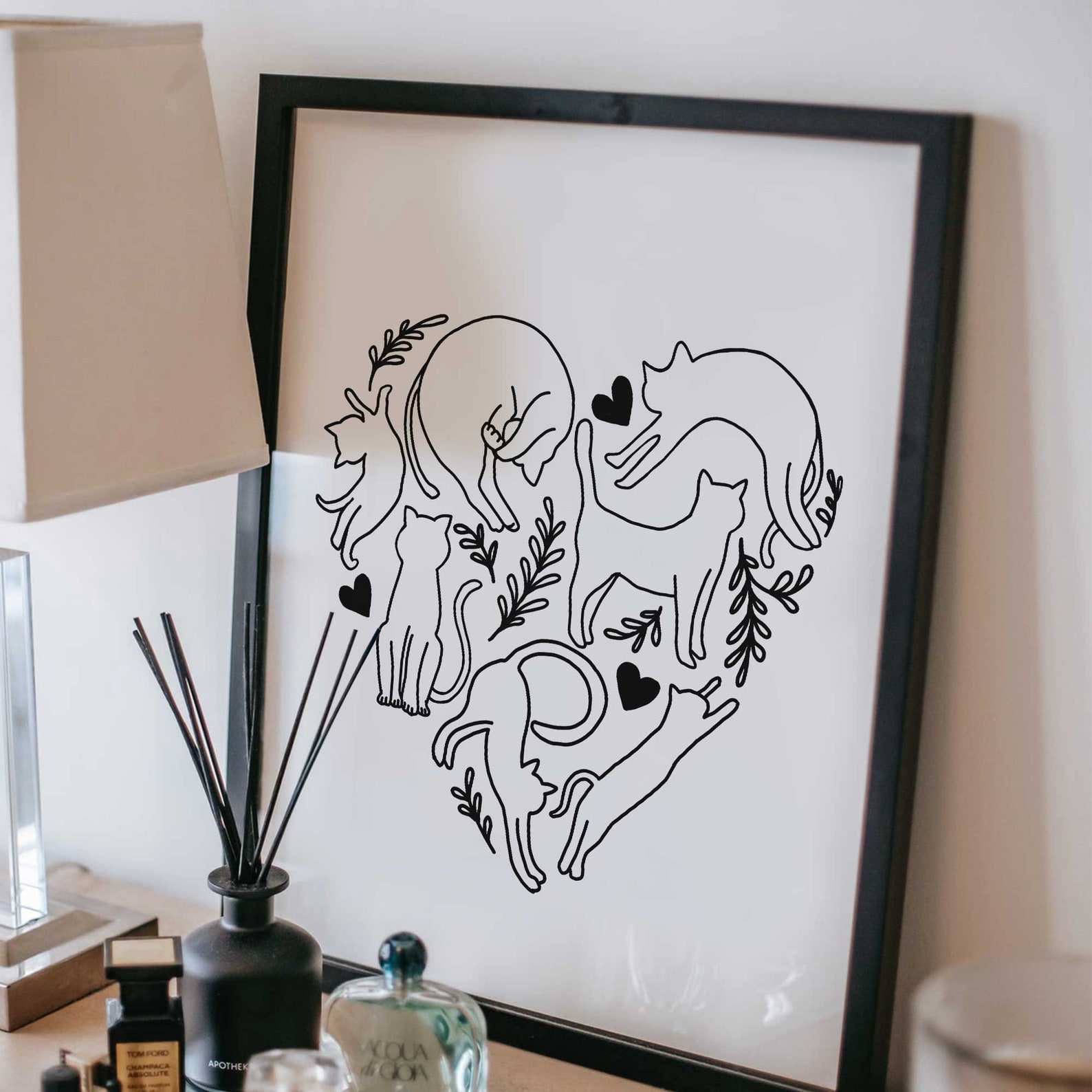 Cat Heart Print, Hearts of Cats Poster, Black and White Printable Wall ...