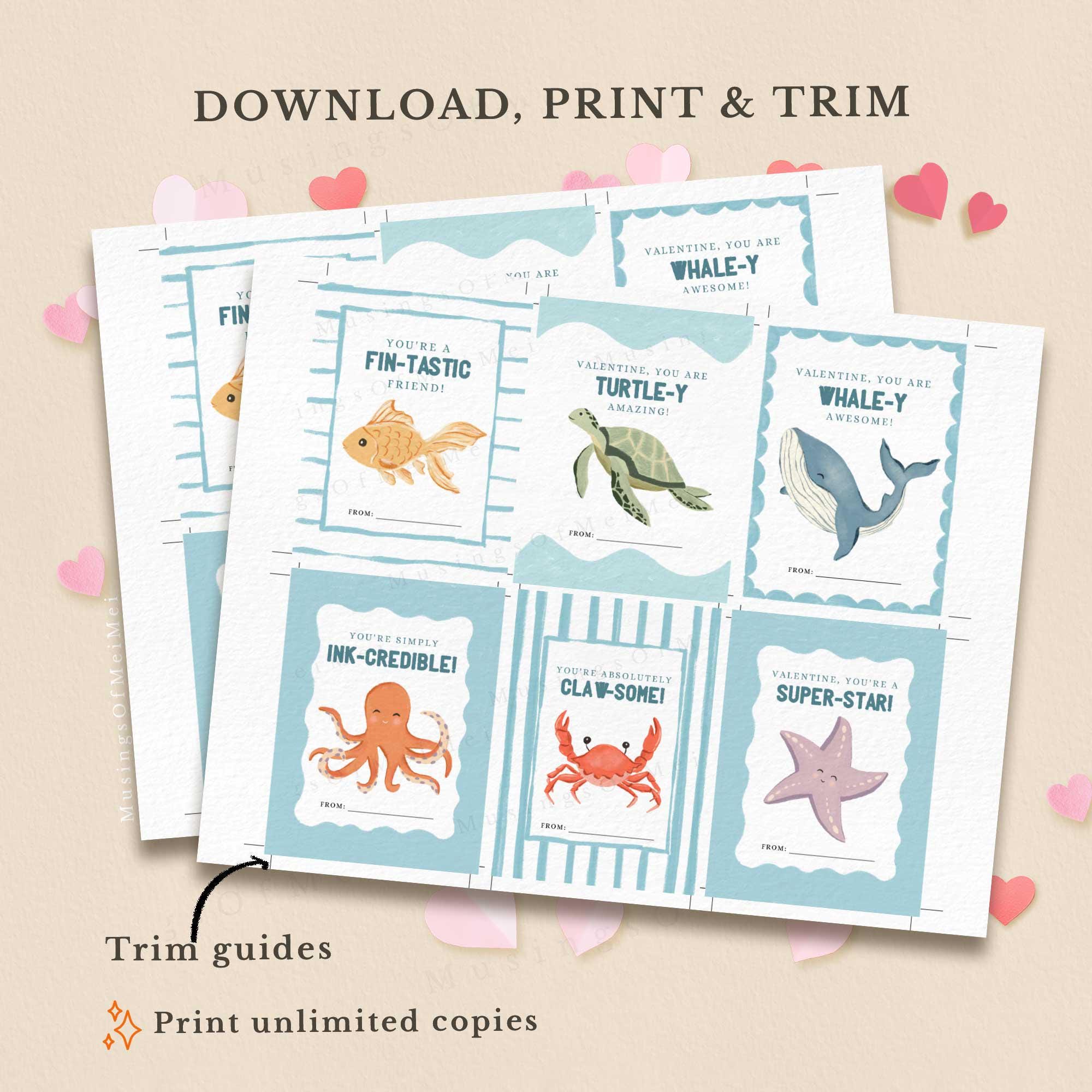 Under the Sea Kids Classroom Valentine Cards, Printable Sea Animals ...