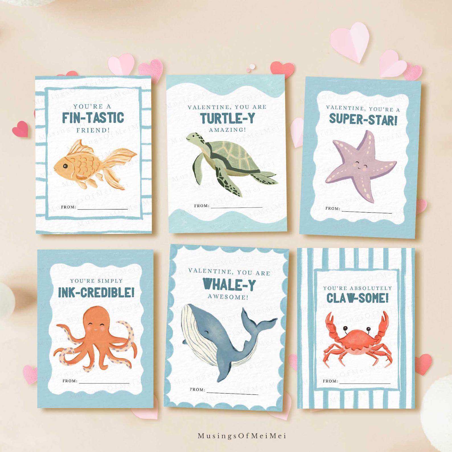 Under the Sea Kids Classroom Valentine Cards, Printable Sea Animals ...