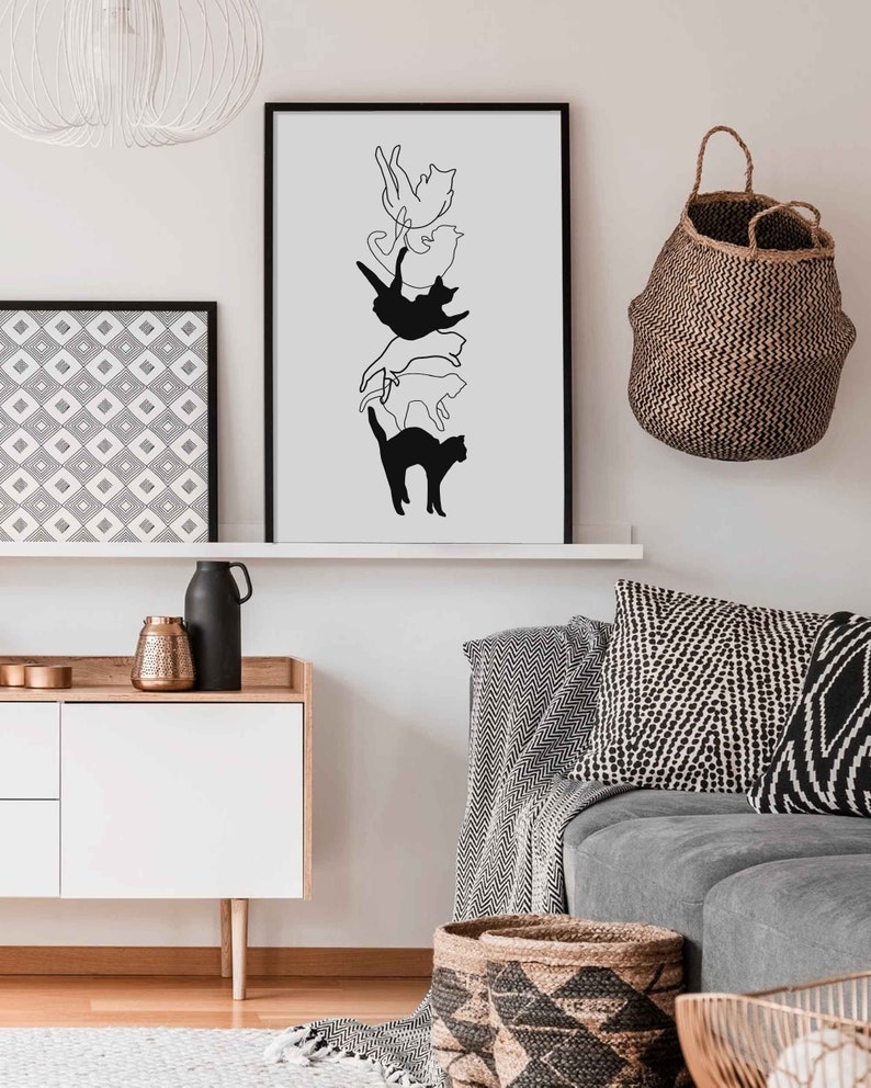 Cat Print, Falling Cat Poster, Black and White Printable Wall Art, Cat ...