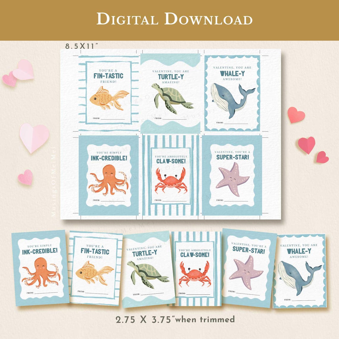 Under the Sea Kids Classroom Valentine Cards, Printable Sea Animals ...