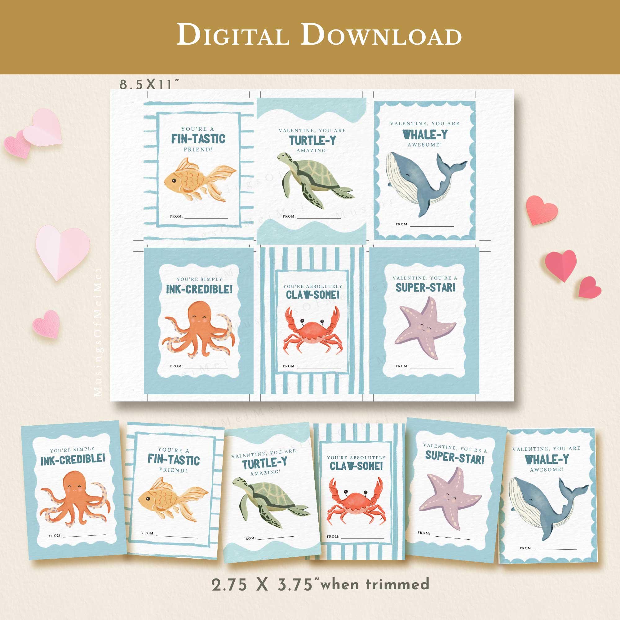 Under the Sea Kids Classroom Valentine Cards, Printable Sea Animals ...