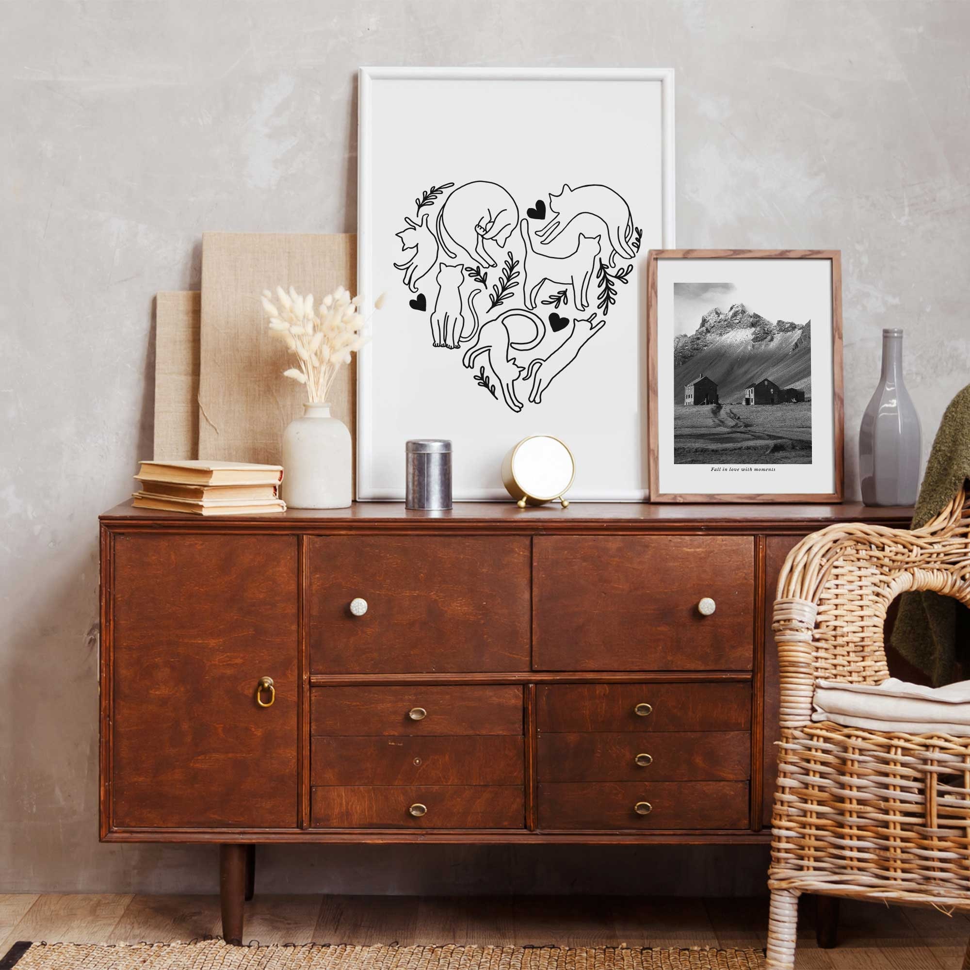 Cat Heart Print, Hearts of Cats Poster, Black and White Printable Wall ...