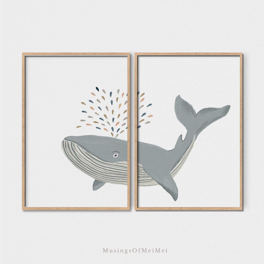Whale Wall Art Print Set, Cute Ocean Animal Illustration, Printable ...