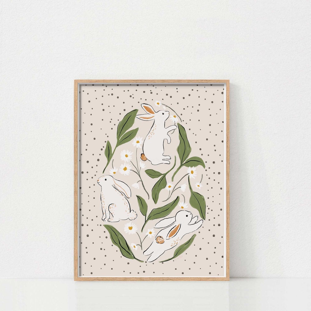 Spring Floral Bunny Print, Daisy Floral Art, Printable Wall Art, Easter ...